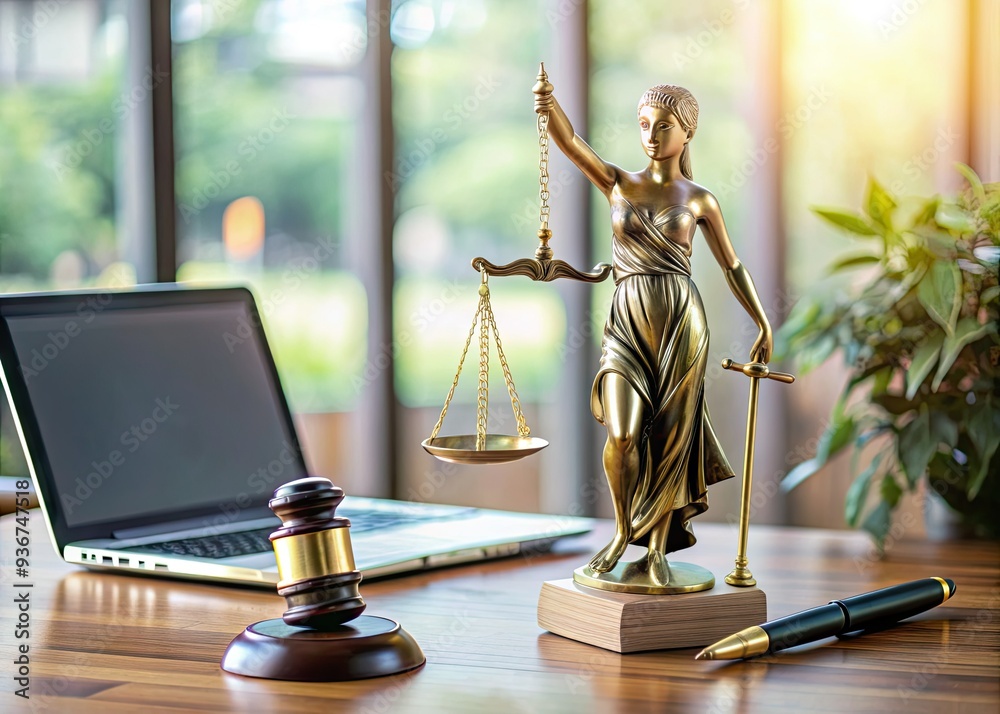 Symbols of justice and law converge: judge's hammer, Lady Justice scale ...