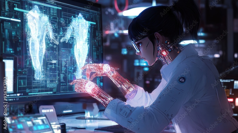 An anime scientist working on advanced bionics in a futuristic lab ...