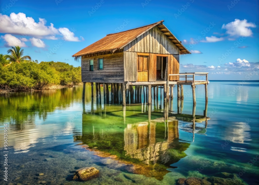 Traditional wooden stilt house with corrugated metal roof stands above ...