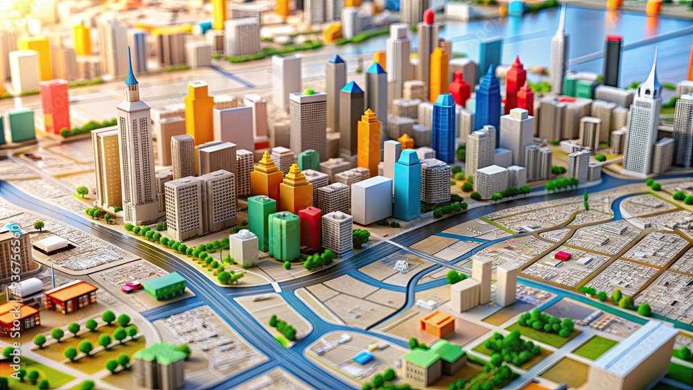 Urban development concept featuring a large-scale city planning map ...