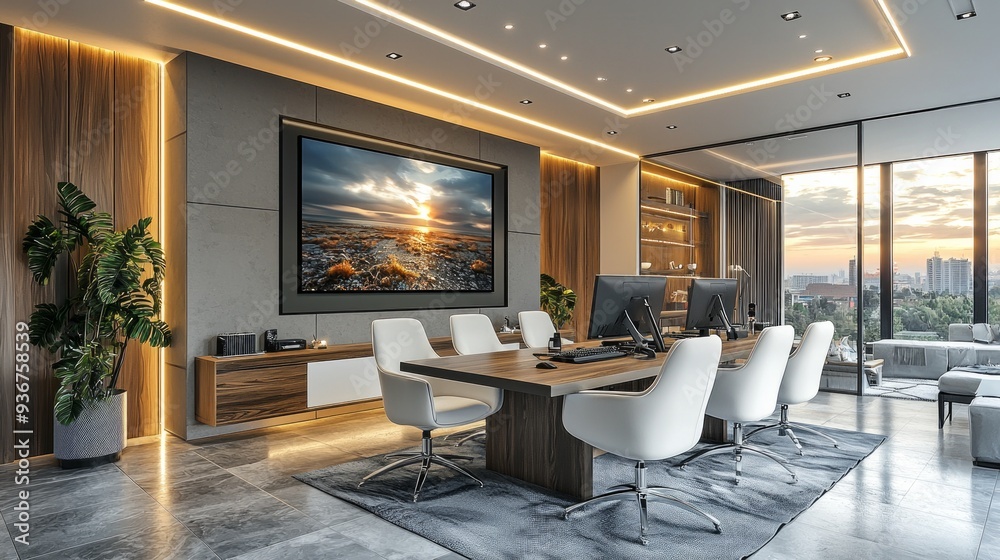 Dispetcher room with white chairs and an LED screen on wall, gray walls ...