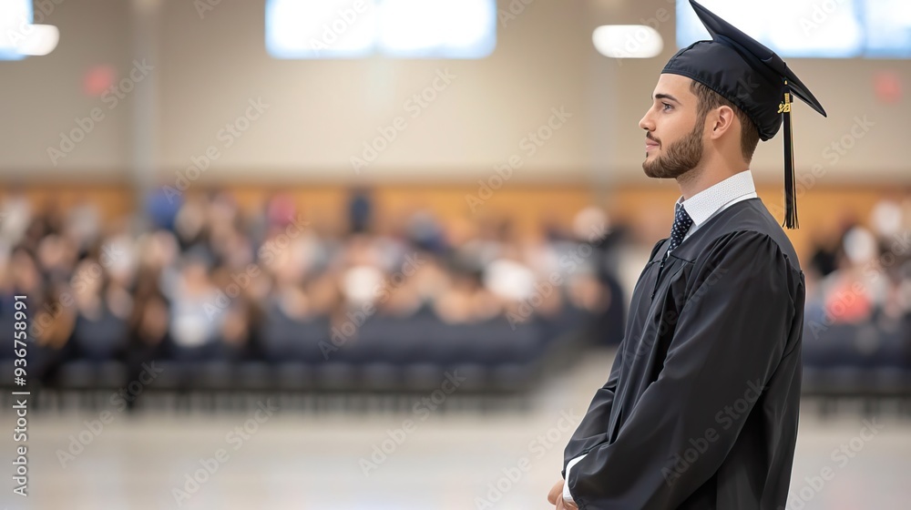 A graduate standing confidently on a decorated commencement stage, in ...