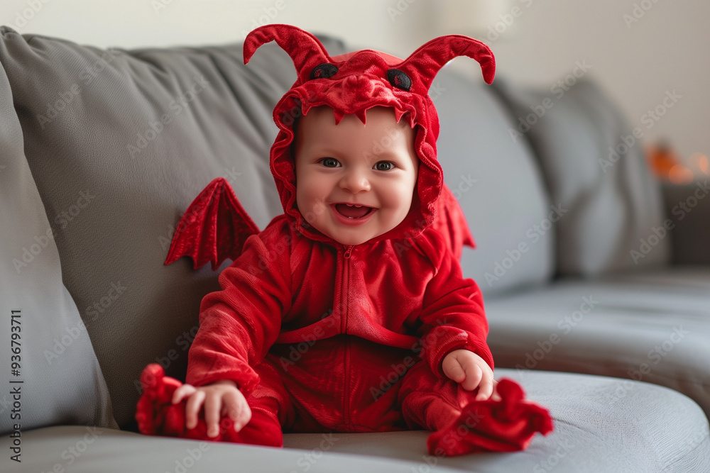 Baby dressed as Devil wearing a charming red demon costume, ready to ...