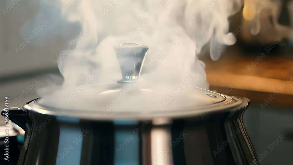 Steam rising from a stainless steel kettle on the stove in a cozy ...
