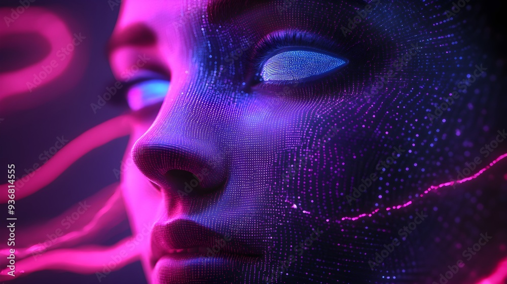 Futuristic robotic face merged with AI soundwaves in double exposure ...