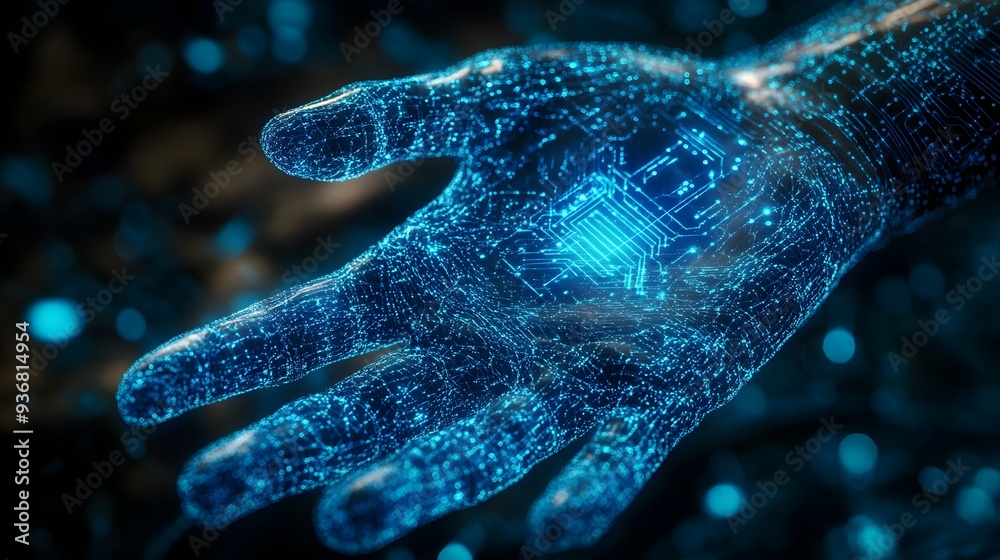 High-tech handprint with transparent biometric lines and circuits ...