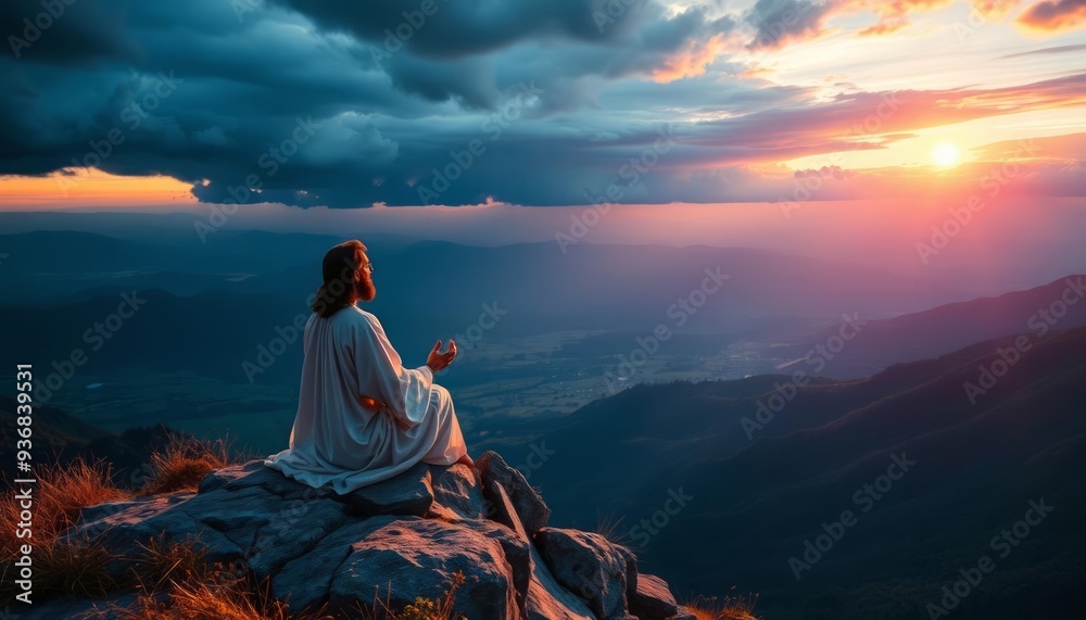 Silhouette of Jesus praying on the mountain peak at sunset, Jesus ...