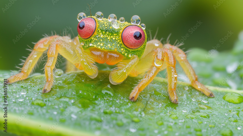 Emerald Dewdrop Guardian: A vibrant green jumping spider, adorned with ...