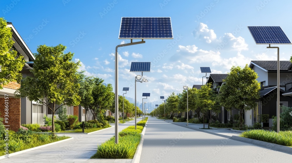 Modern street with solar panel streetlights, green trees, and clear ...