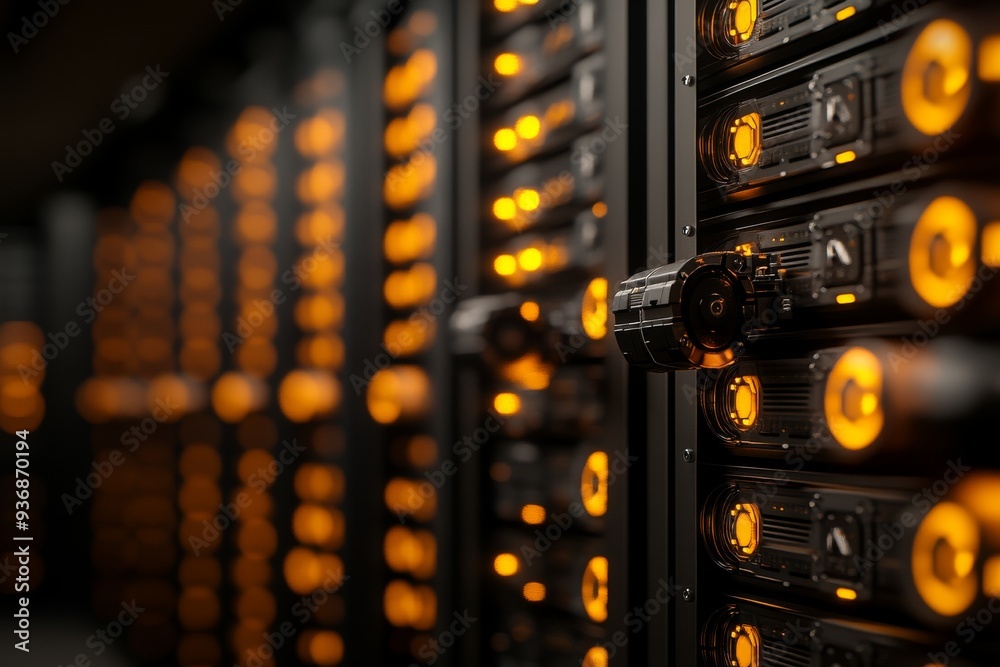 Close up of a server rack with illuminated panels highlighting the ...