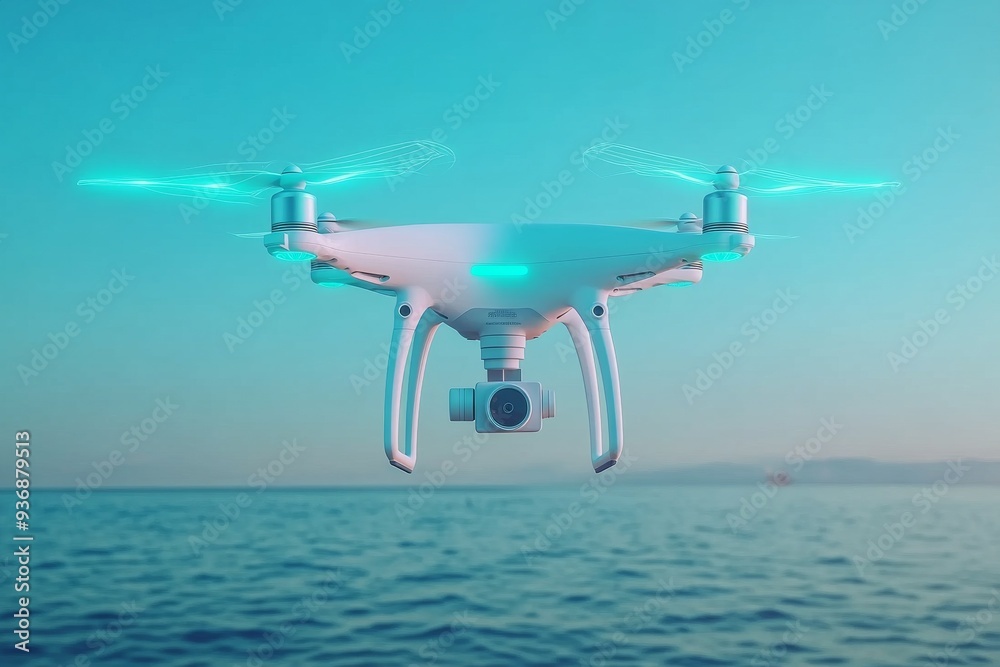 Futuristic drone flying over the ocean with glowing lights representing ...