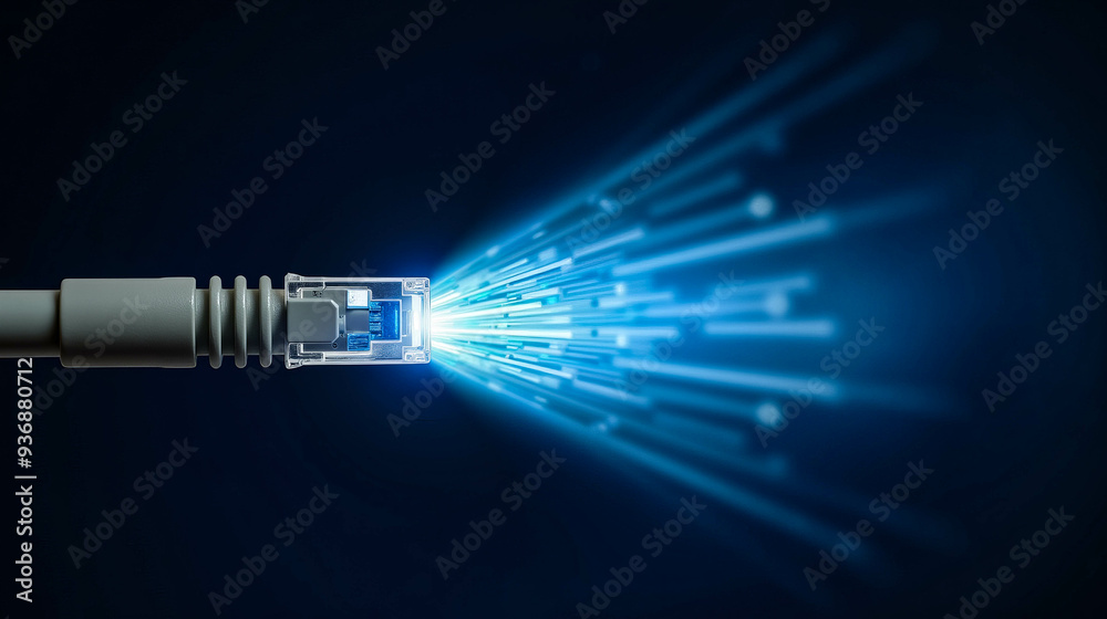 An Ethernet cable connector emits bright light while sending beams of ...
