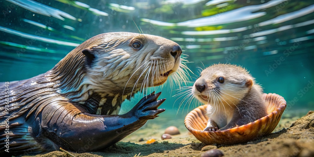 Mother otter teaching pub clam shell underwater , otter, mother, pup ...