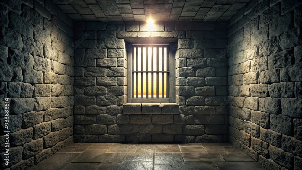Dark and creepy medieval dungeon cell with a single barred window, dungeon, cell, medieval, dark ...