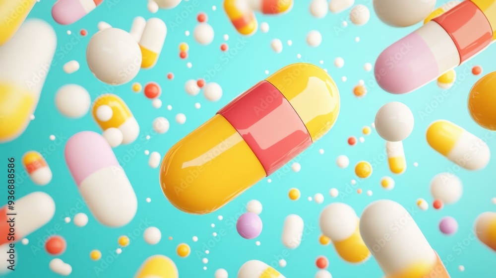 Vibrant 3D pill render with playful textures, ideal for modern medical ...