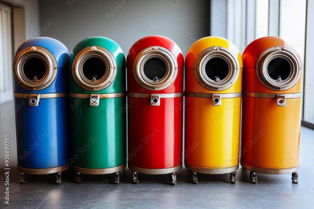Colorful recycling bins with circular openings symbolizing the ...