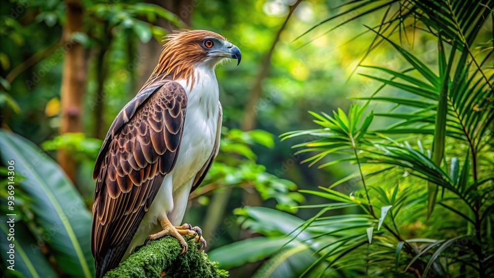 Philippine Eagle perched majestically in the lush Mindanao forest, seen ...