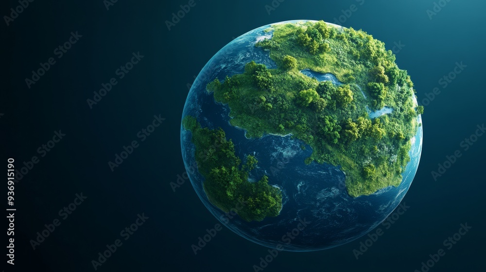 Conceptual artwork of a blue and green planet with detailed natural ...