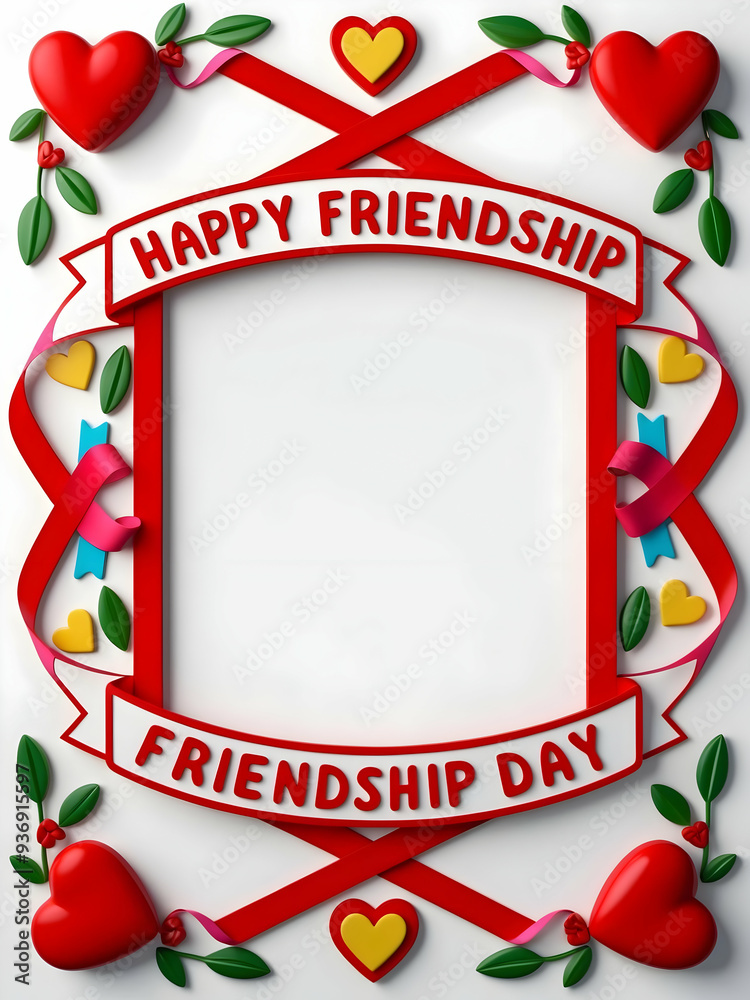 Happy Friendship Day 3D Flat Icon Heart and Ribbon Border Design - A ...