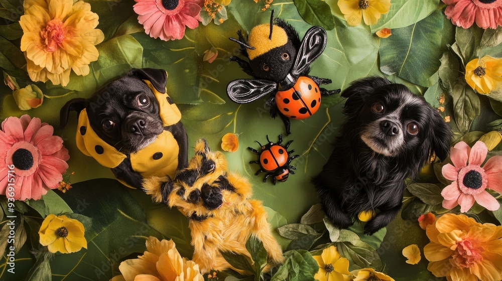 Top view of dogs dressed as bumblebees and ladybugs, on a garden-themed ...