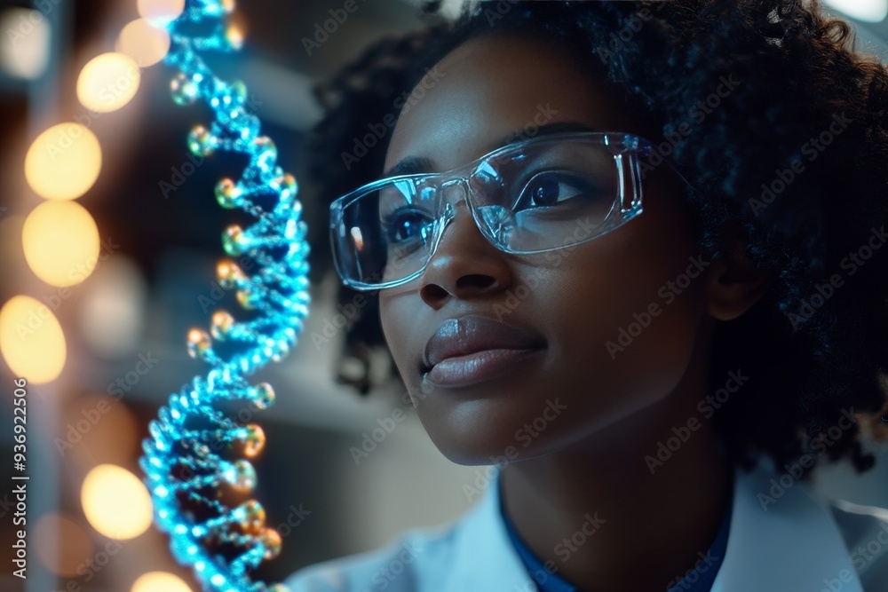 Female Scientist Examining a Holographic DNA Strand Representing ...