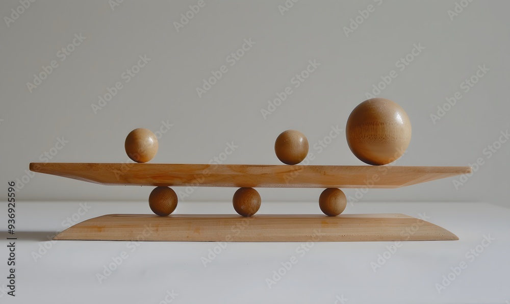 wooden scale balancing one big ball and four small ones. Stock ...