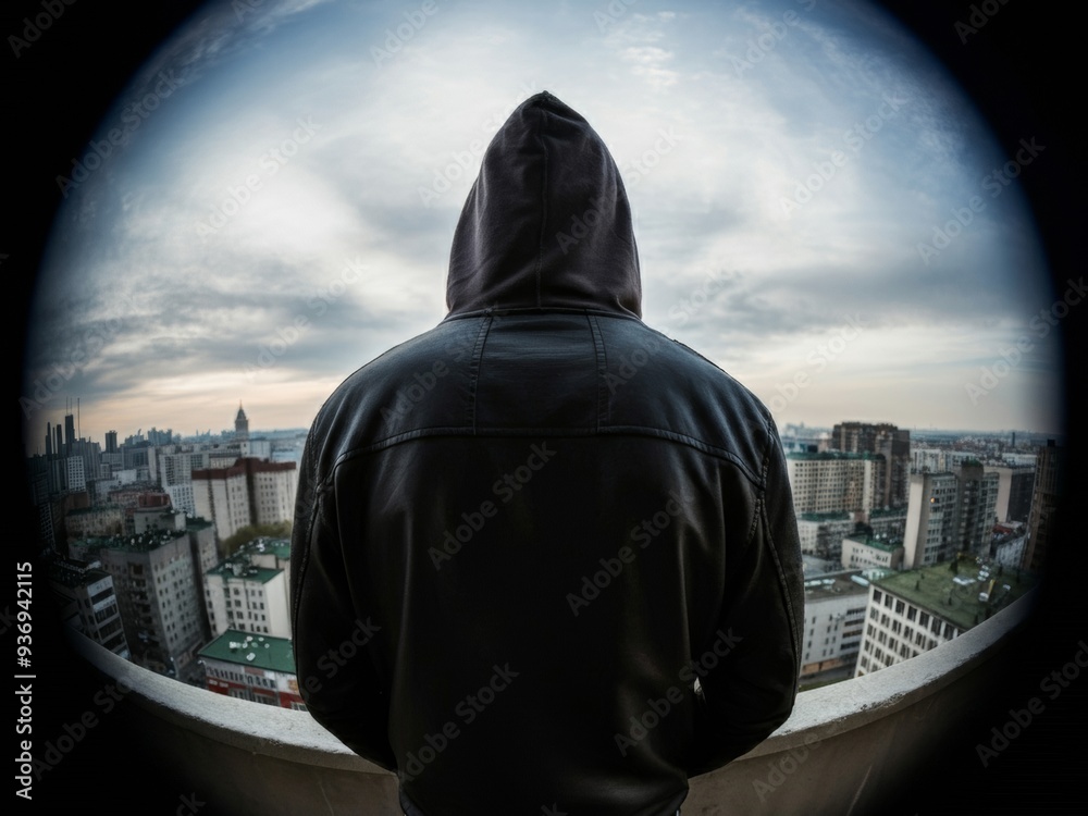 Delinquent wearing a hoodie facing a sprawling city in broad daylight ...