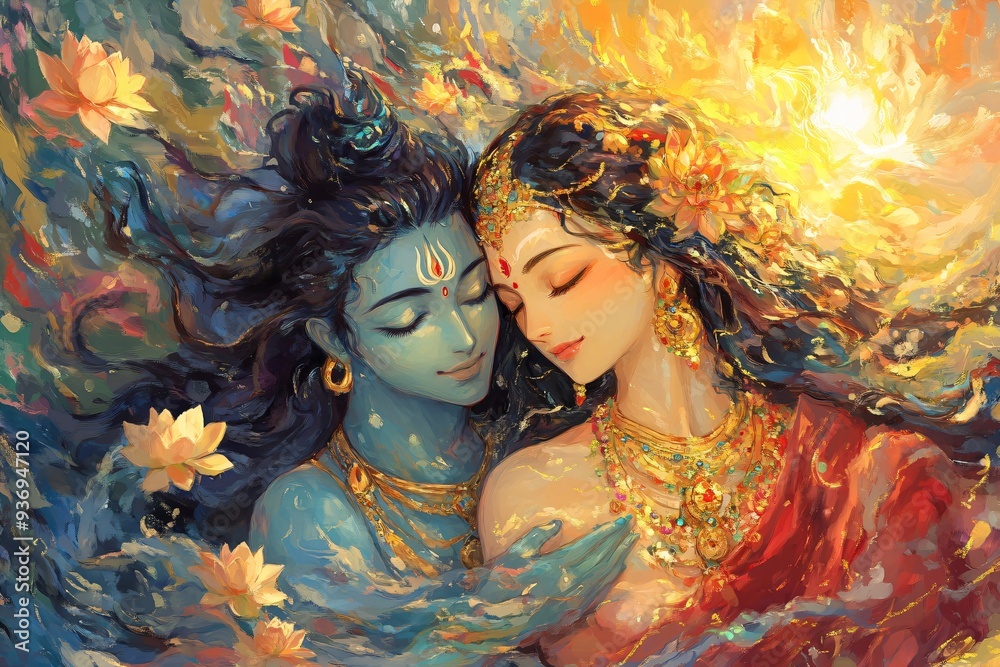 Radha and Lord Krishna with on sunrise. Krishna Janmashtami, Govardhan ...