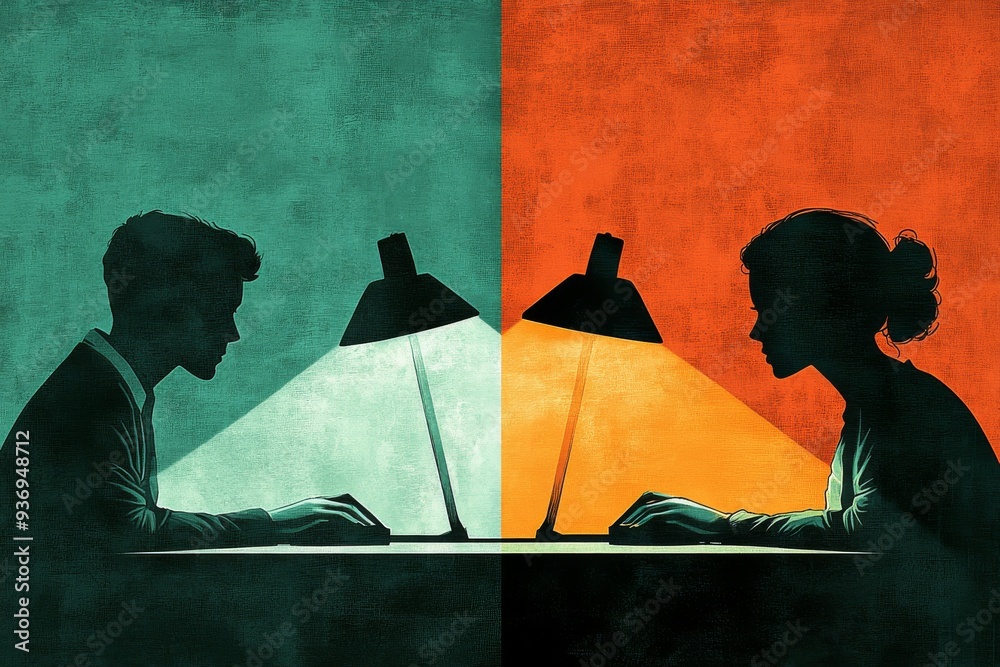 Two people working across from each other in a split screen effect ...