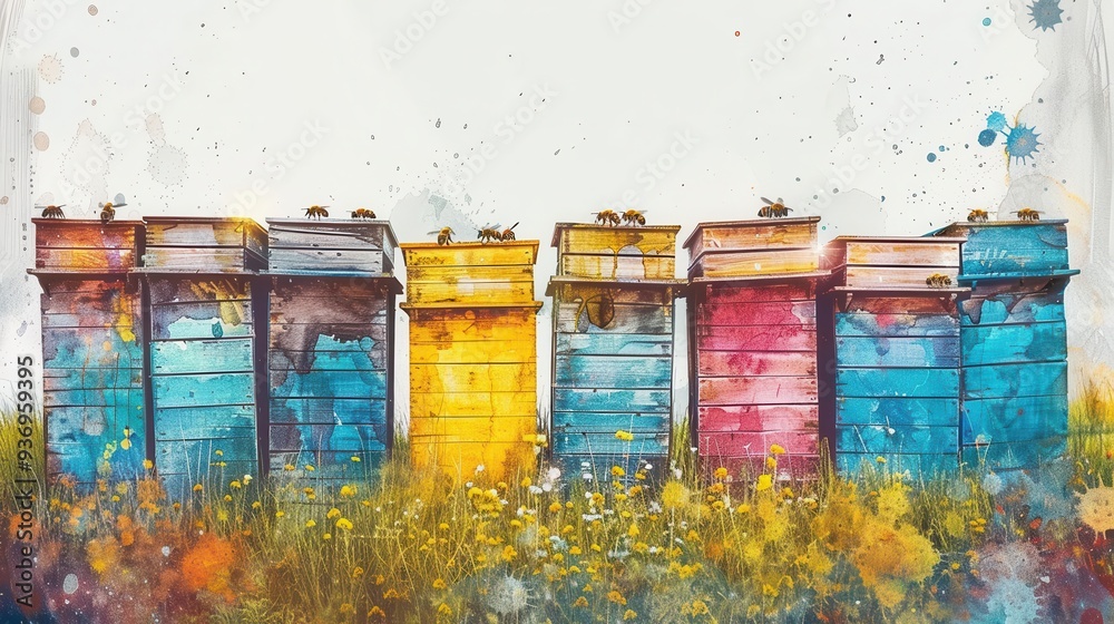 Apiary with beehives, Fantasy, Warm, Watercolor, Highlighting nature ...