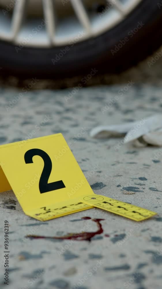 Crime scene, blood and forensic investigation on road with label for ...