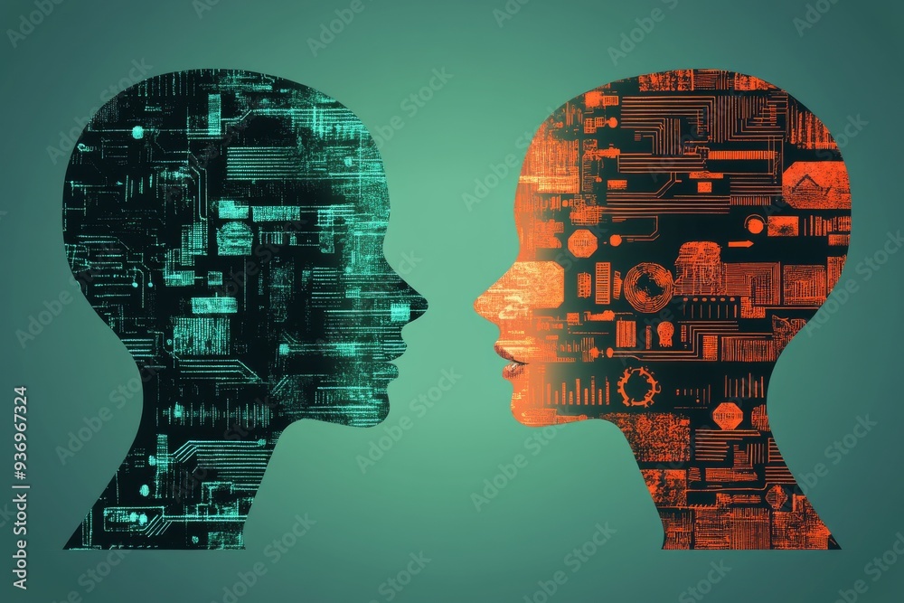Digital illustration of two heads facing each other symbolizing the ...