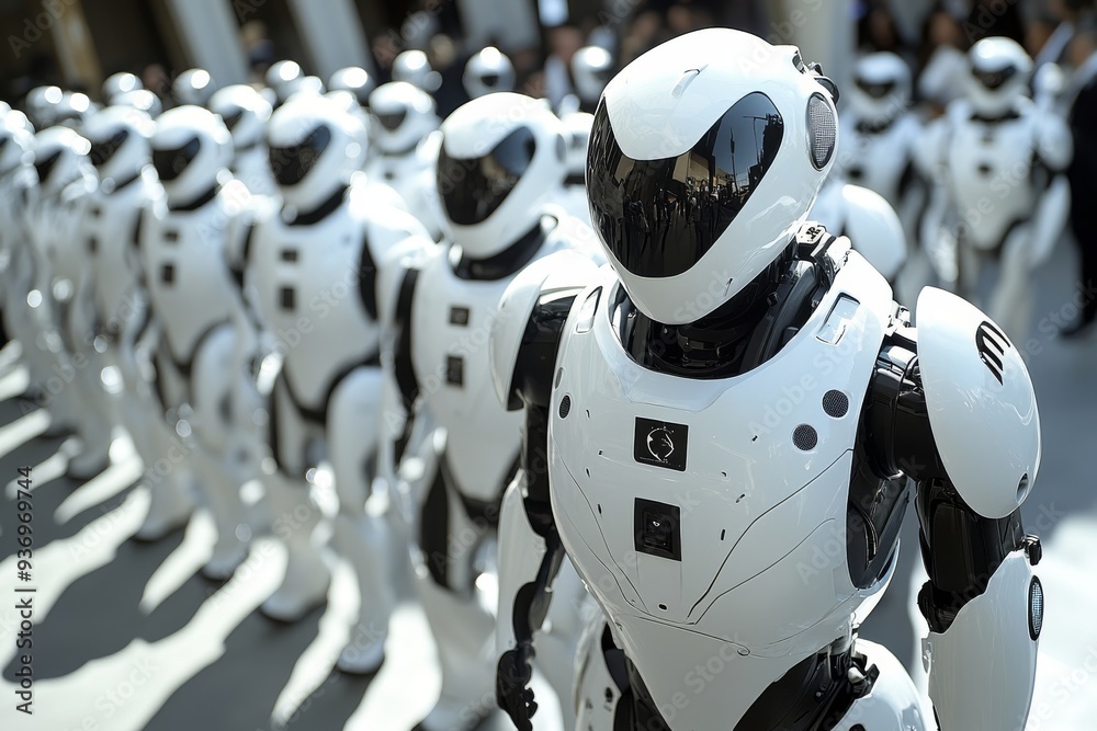 Row of identical humanoid robots in a futuristic setting symbolizing the mass production and ...