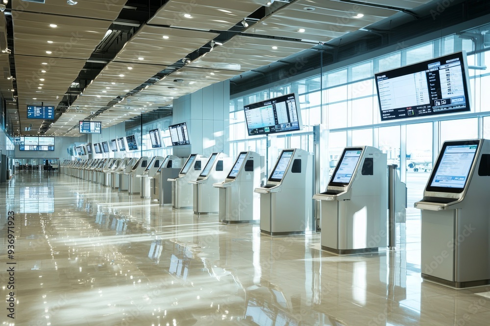 Automated check-in kiosks arranged in a neat line at an airport, high ...