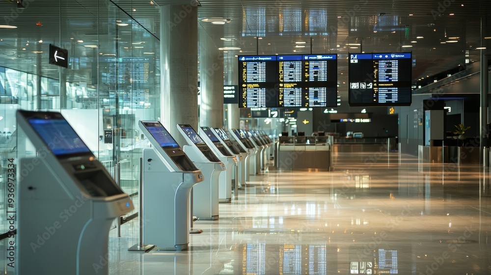 Automated check-in kiosks arranged in a neat line at an airport, high ...