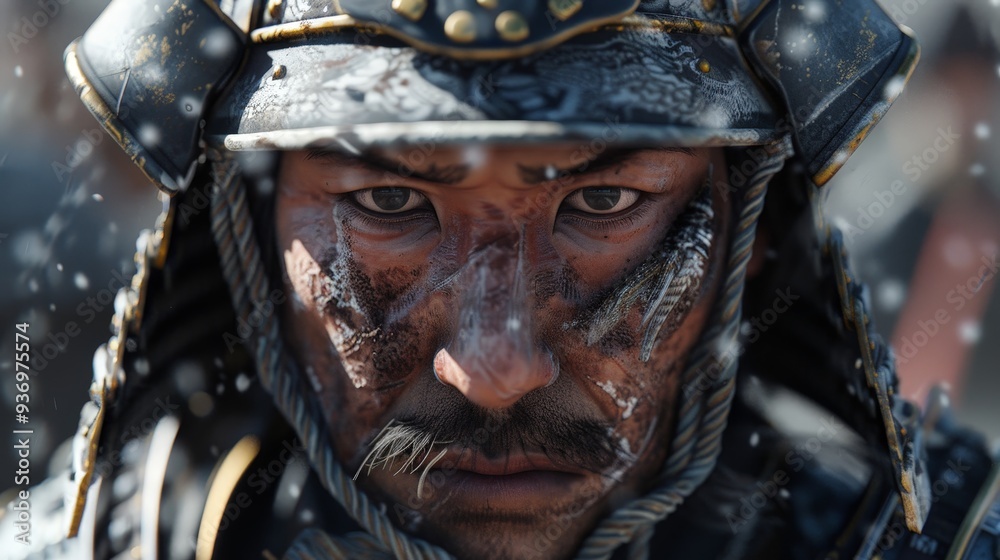 Render a close-up 3D portrait of a samurai, focusing on the intricate ...