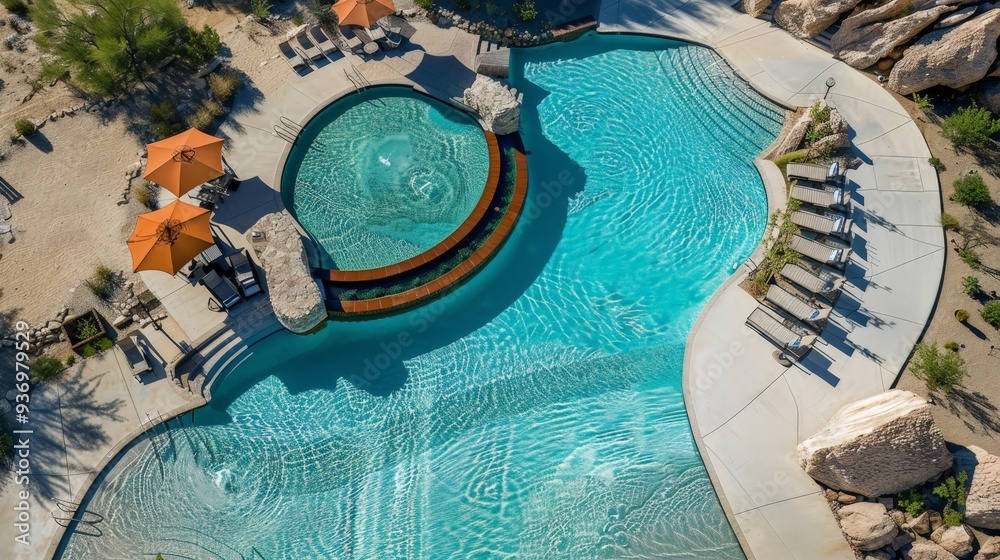 Show an aerial view of a pool at a desert resort, offering a refreshing ...