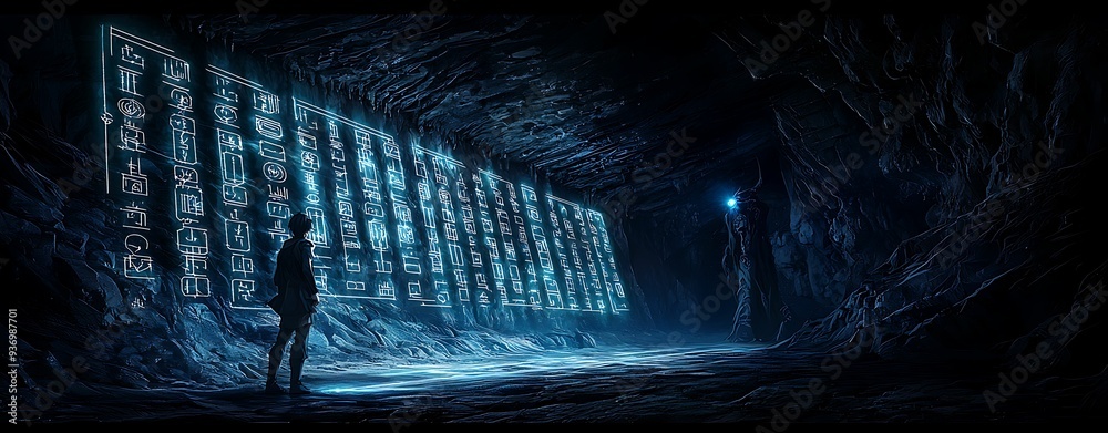 anime hero facing an ancient evil in a dark cave, with glowing runes on ...