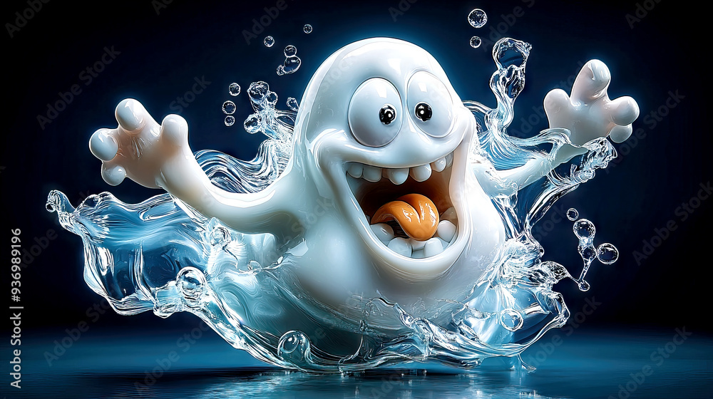 Playful cute cartoon ghost character floating through splashing water ...