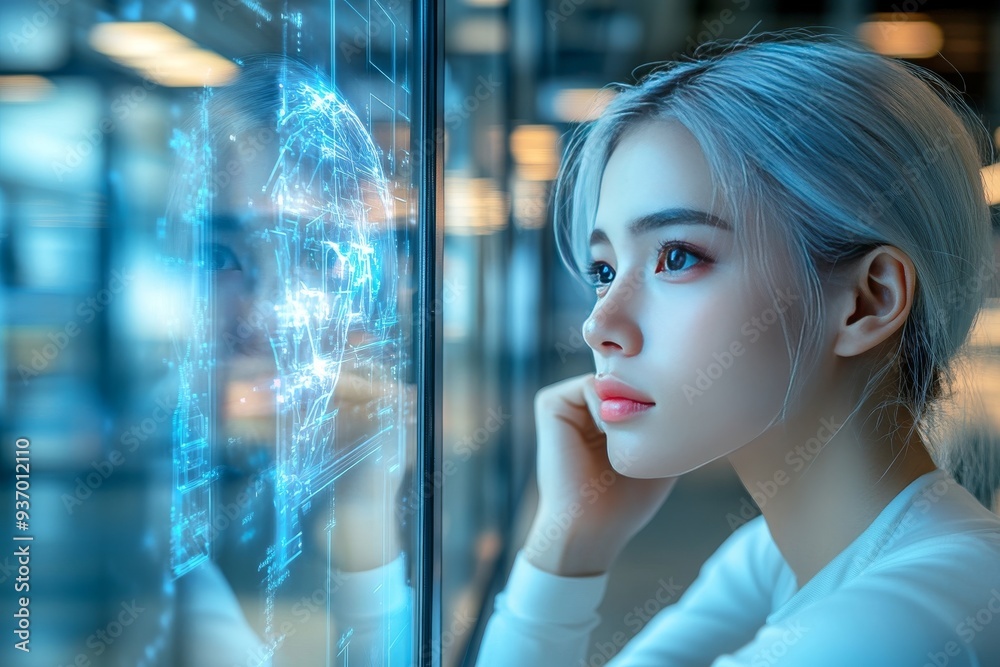 Thoughtful young woman gazing at a holographic display of her digital ...