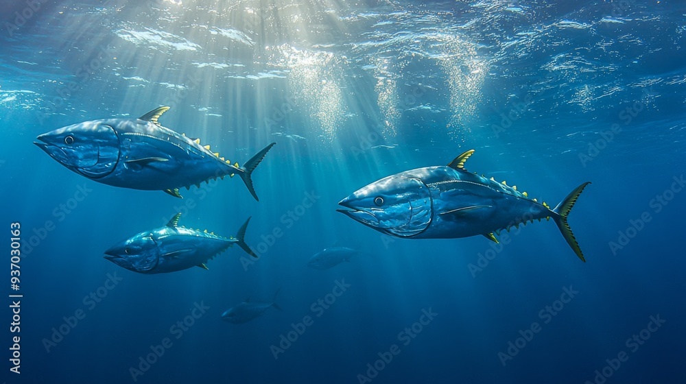 breathtaking view of a group of tuna swimming in the open ocean ...