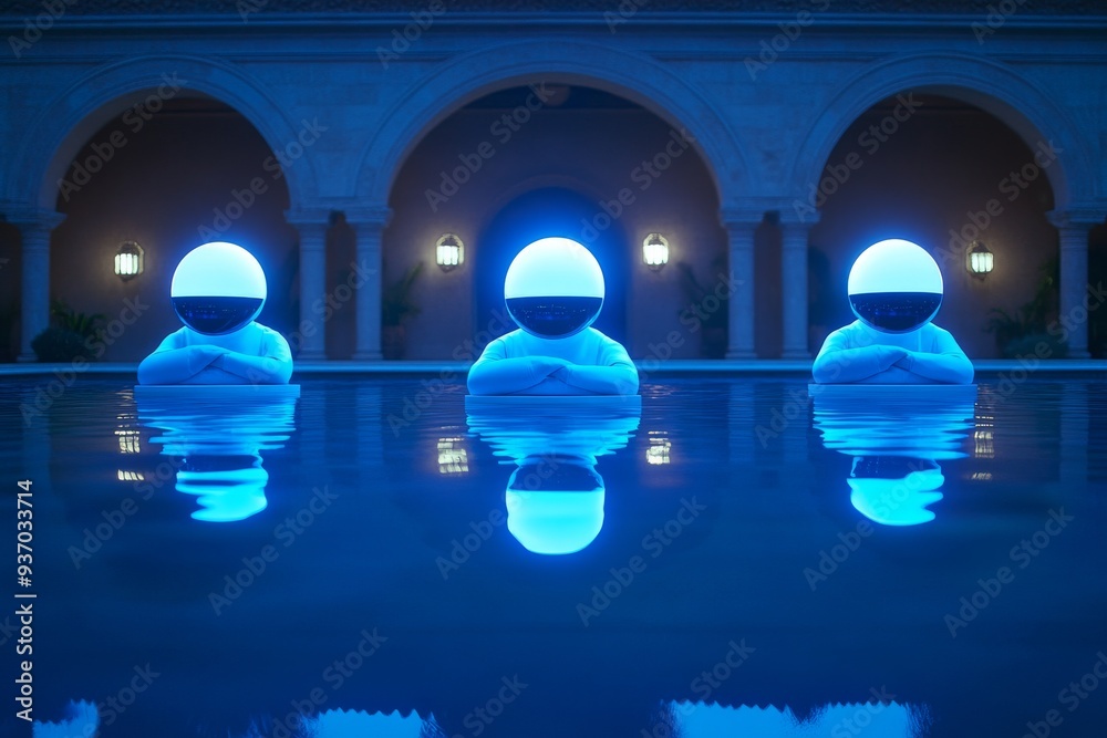 Array of glowing orbs reflecting in a water pool within a futuristic ...