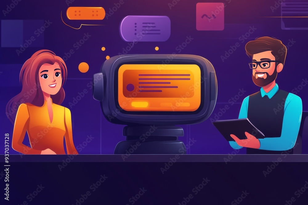 Vibrant illustration of a young woman and a man engaging in a digital ...