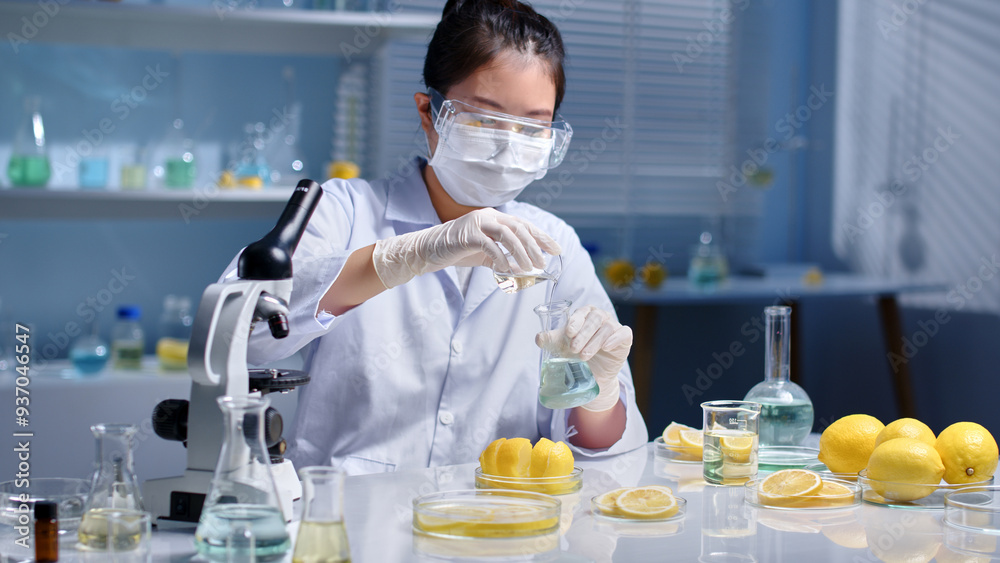 The researcher is moving a solution between beakers; below, lemon slices are arranged on glasses ...