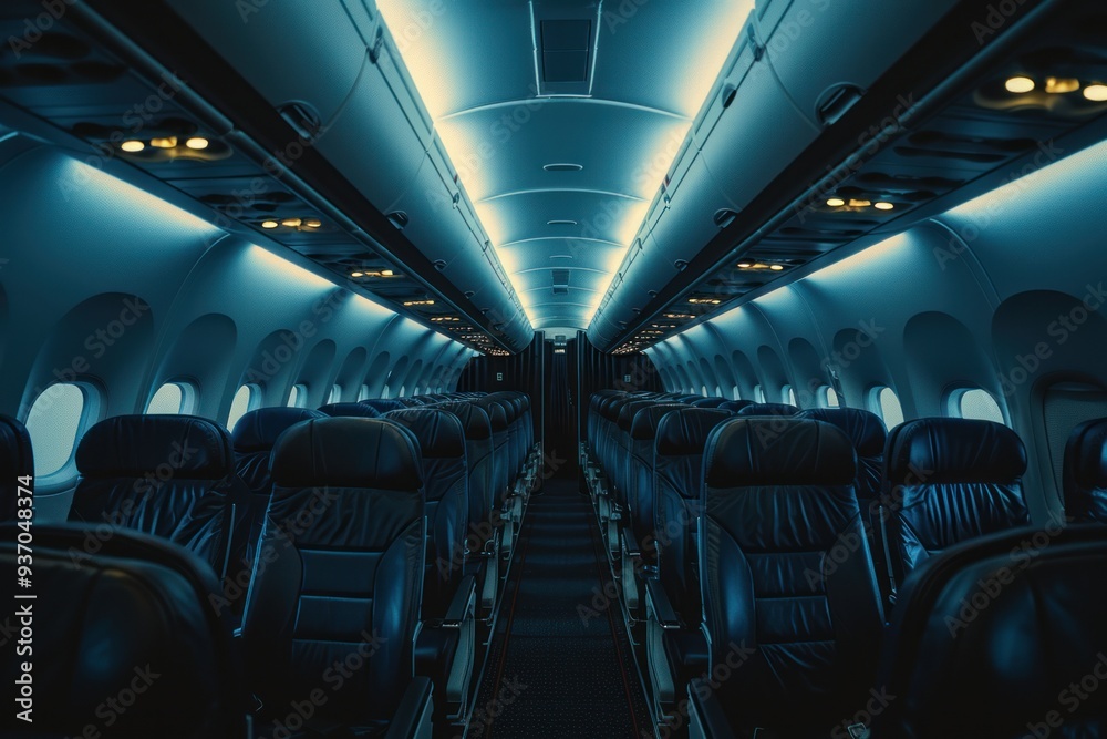 Foto de Realistic photograph of an empty airplane cabin with blue seats ...