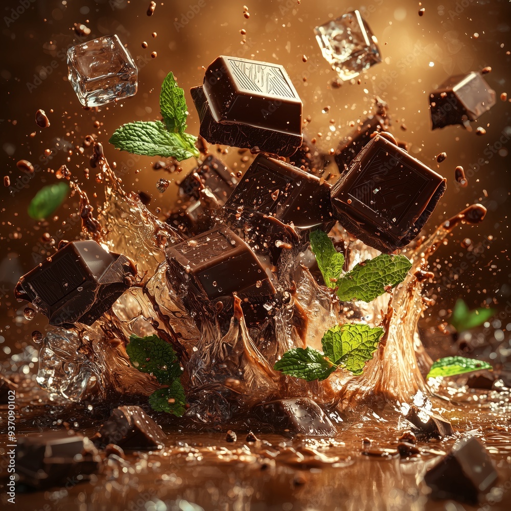 Choco mint and ice cubes splashing on a rich brown and green background ...