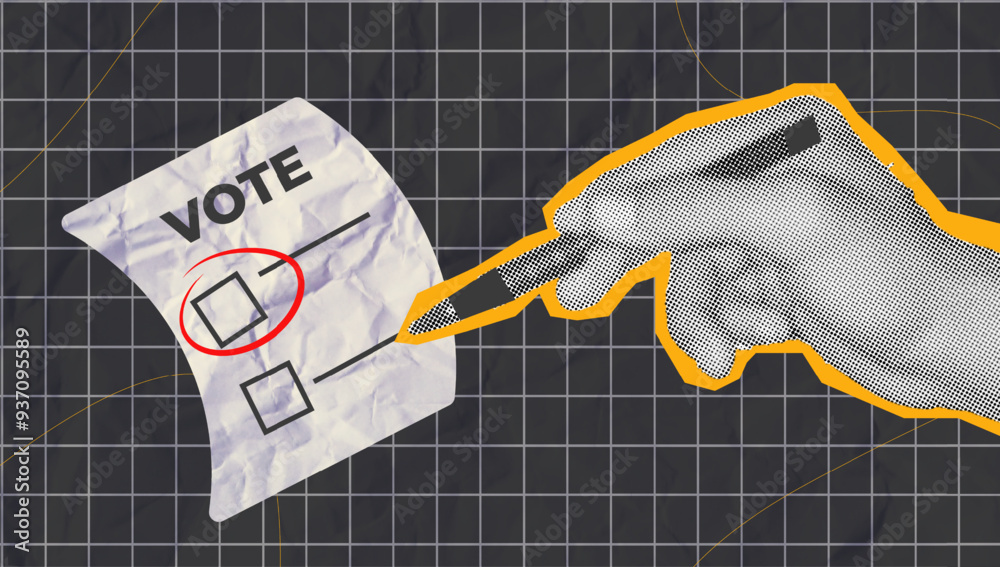 Halftone collage Voting illustration with modern design featuring hands ...