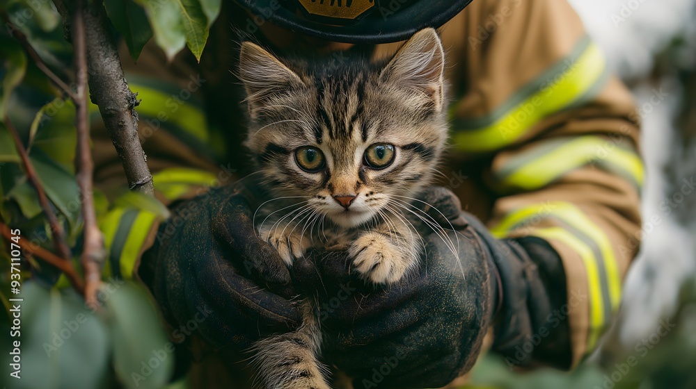 Heroic Kitten Rescue in the Outdoors with Firefighter Wearing Gloves ...