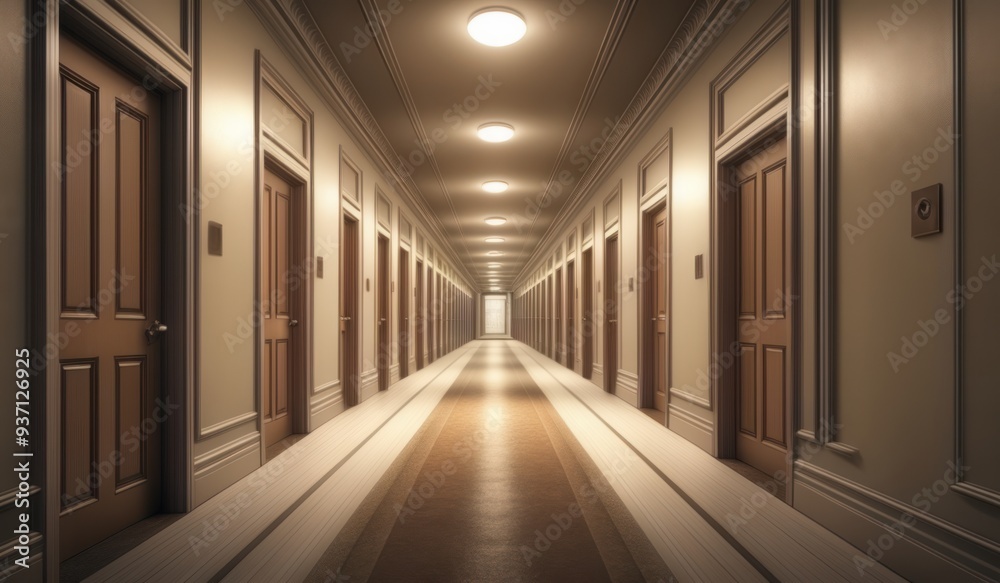 hallway with multipledoors, each marked with a question mark ...
