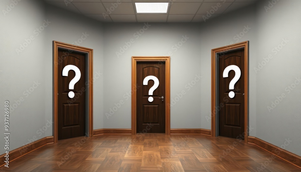 hallway with multipledoors, each marked with a question mark ...